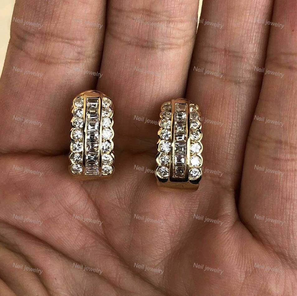 14k Yellow Gold Plated Half Hoop Round Cut Diamond Earrings 1.80Ct ...