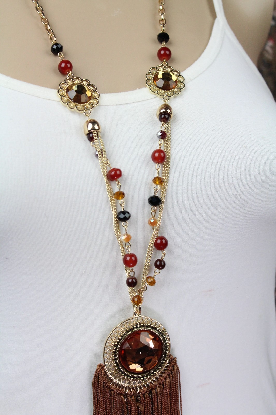 Long Fringe Necklace Set W Large Colored Rhinestones, Filigree & Yarn ...
