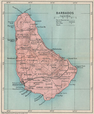 BARBADOS. Vintage map. West Indies Caribbean 1927 old vintage plan ...