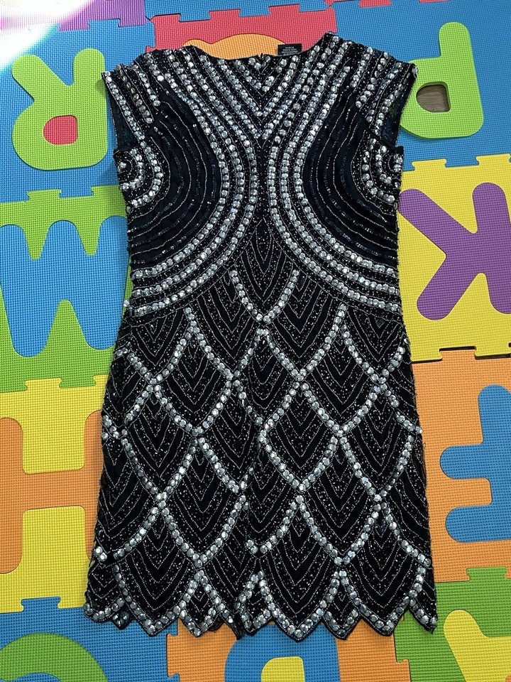 Pisarro Nights Womens Chain Link Sequin Beaded V-Neck Black Party Dress ...