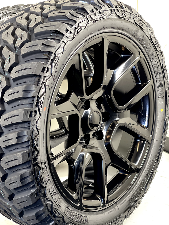 22" GLOSS BLACK SRT RIMS WHEELS 33" MT TIRES DODGE RAM 1500 LARAMIE ...