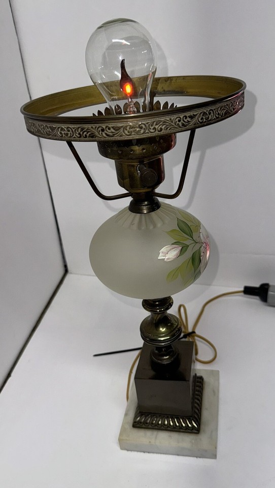 Parlor Table Lamp Floral Pattern Brass & Marble Base Vintage Hand ...