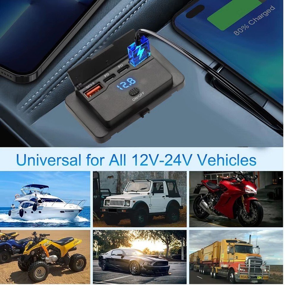 Fast USB Car Charger Socket Panel LED Voltmeter QC3.0 & PD Power Outlet ...