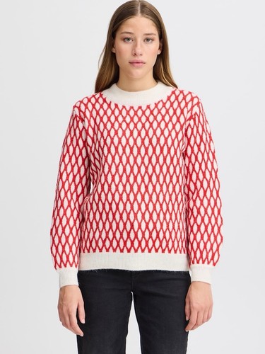 ICHI Kamara Geometric Sweater - oatmeal w hot coral Sz S Small | eBay