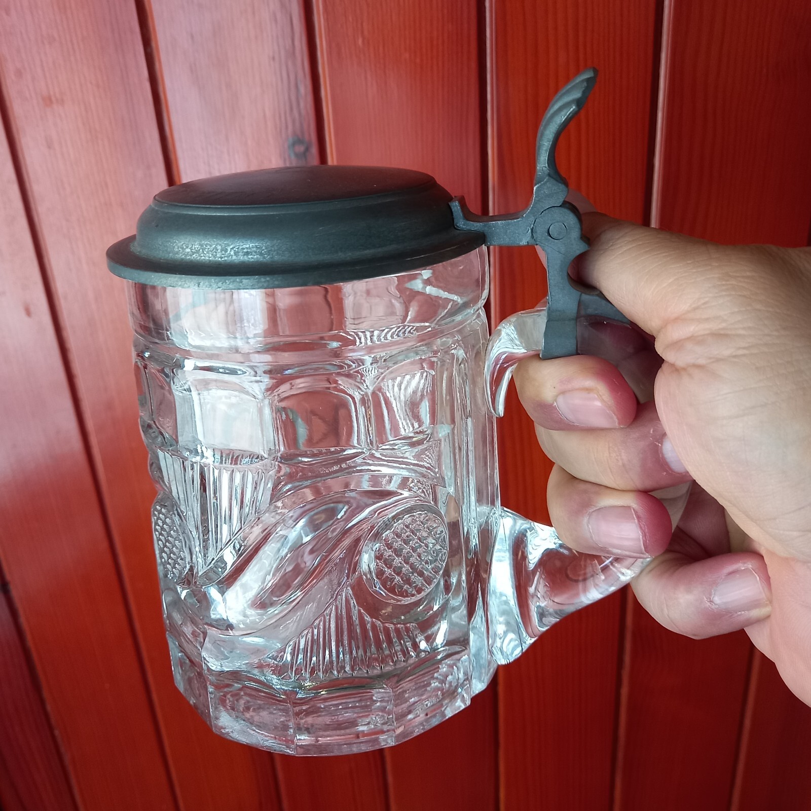 German Glass Pewter Beer Mug Stein Vintage Lid Decorated Brand/Prost ...