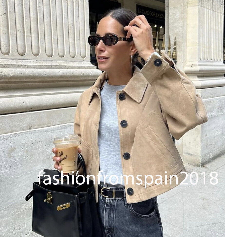 ZARA NEW WOMAN SHORT 100% LEATHER JACKET POCKETS BEIGE XS-XL ZARA NEW WOMAN SHORT 100% LEATHER JACKET POCKETS BEIGE XS-XL