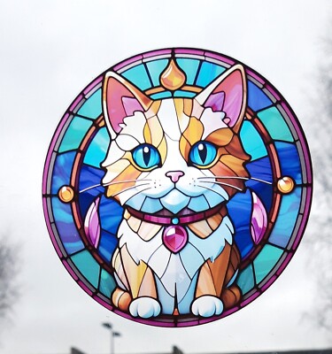 Cat Decorative Stained glass Effect Static cling window Sticker ...