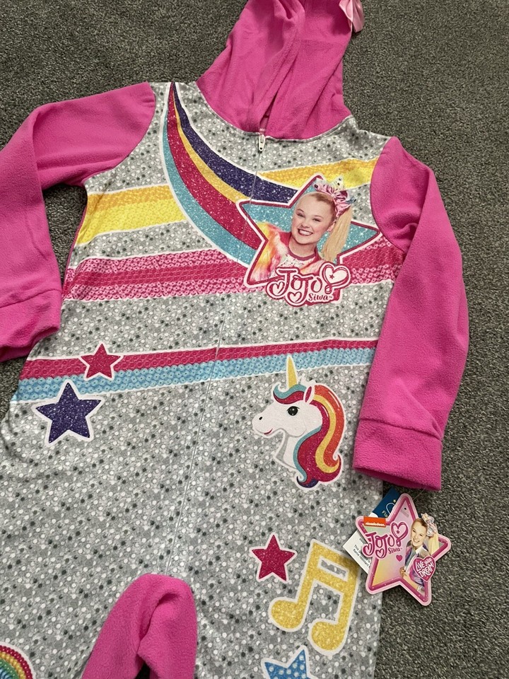 NWT JoJo Siwa Pink Grey Hooded One-Piece Fleece Pajamas Girl Size 6/6X ...