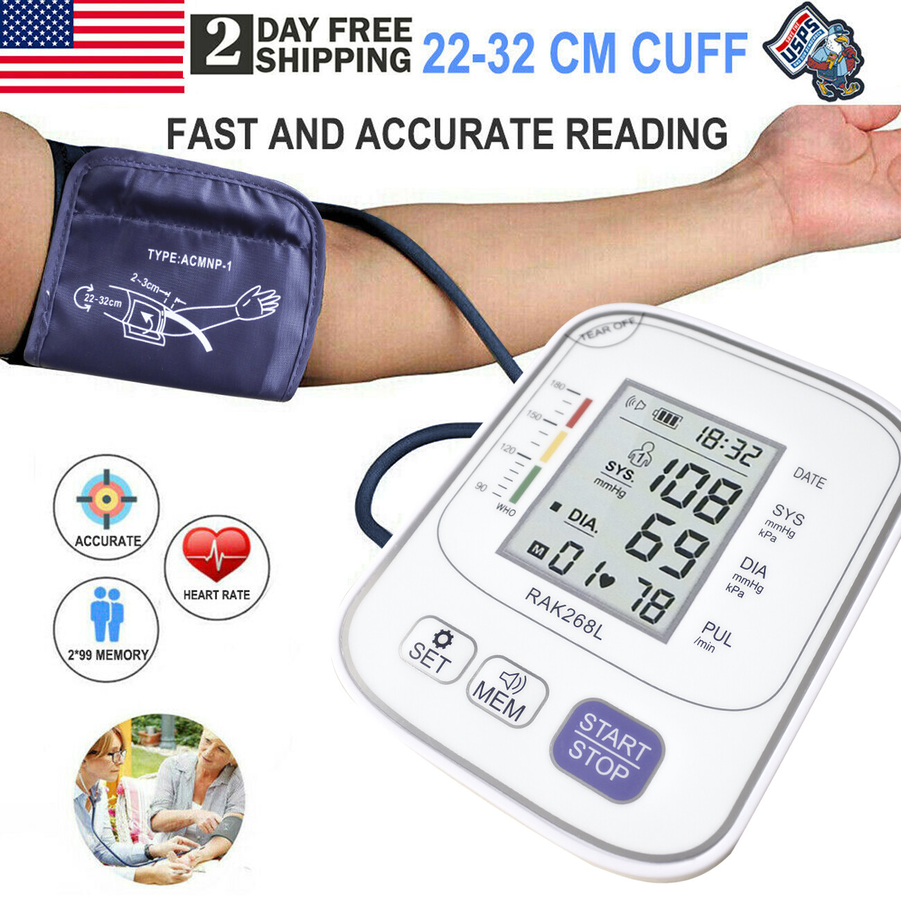 Digital Arm Blood Pressure Monitor Voice Reading BP Cuff Meter Tester ...