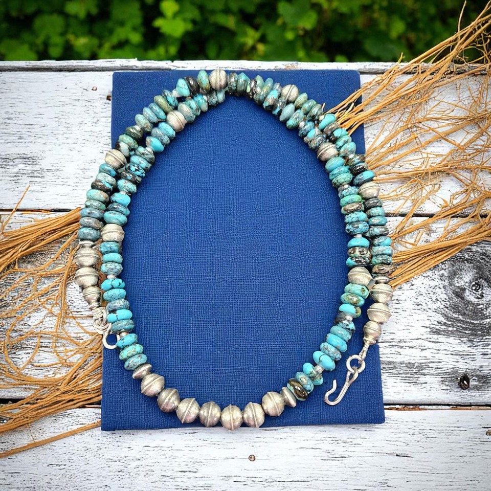 Sterling NAVAJO Pearl Spiderweb Turquoise Bench Beads Necklace VTG ...