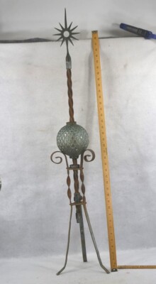 antique lightening rod w/ball teal green metal collar Kretzer finial ...