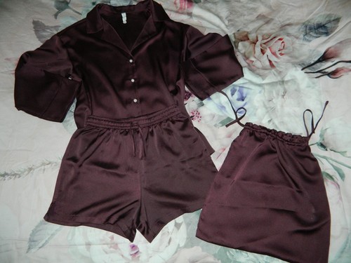 Mrs Hinch Satin burgundy Set PJ's, Loungewear Shorts, Shirt ...