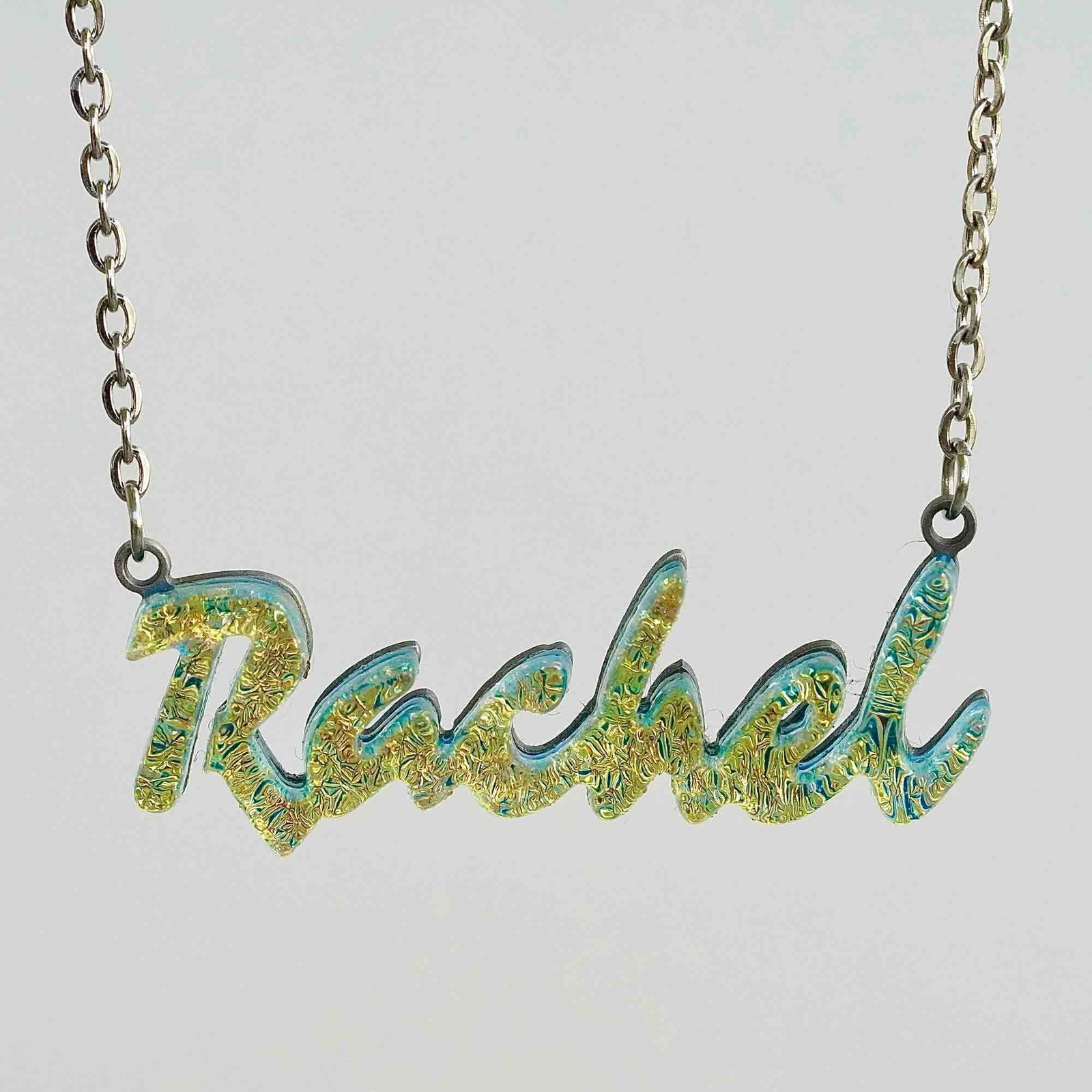 Rachel Name Necklace Personalized Jewelry Chartreuse Color Dichroic ...