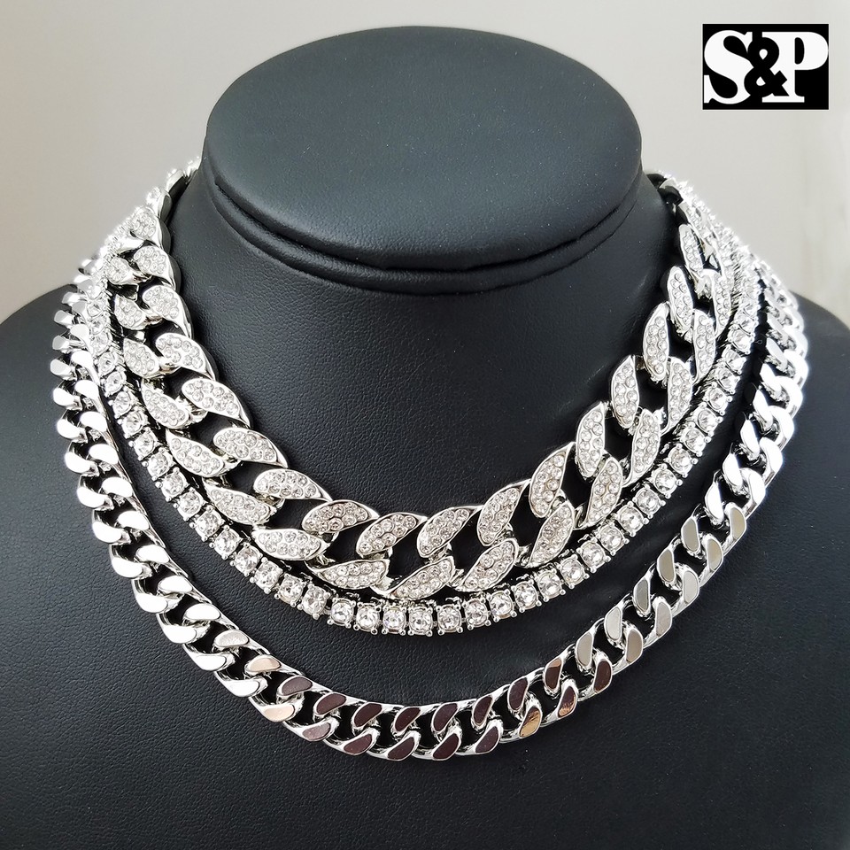 Hip Hop Quavo's Choker 18" Cuban & 16" Full Iced Cuban & 1 ROW DIAMOND ...