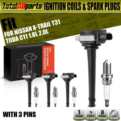 4x Ignition Coil & 4x Spark Plug for Nissan X-Trail T31 Tiida C11 1.8L ...