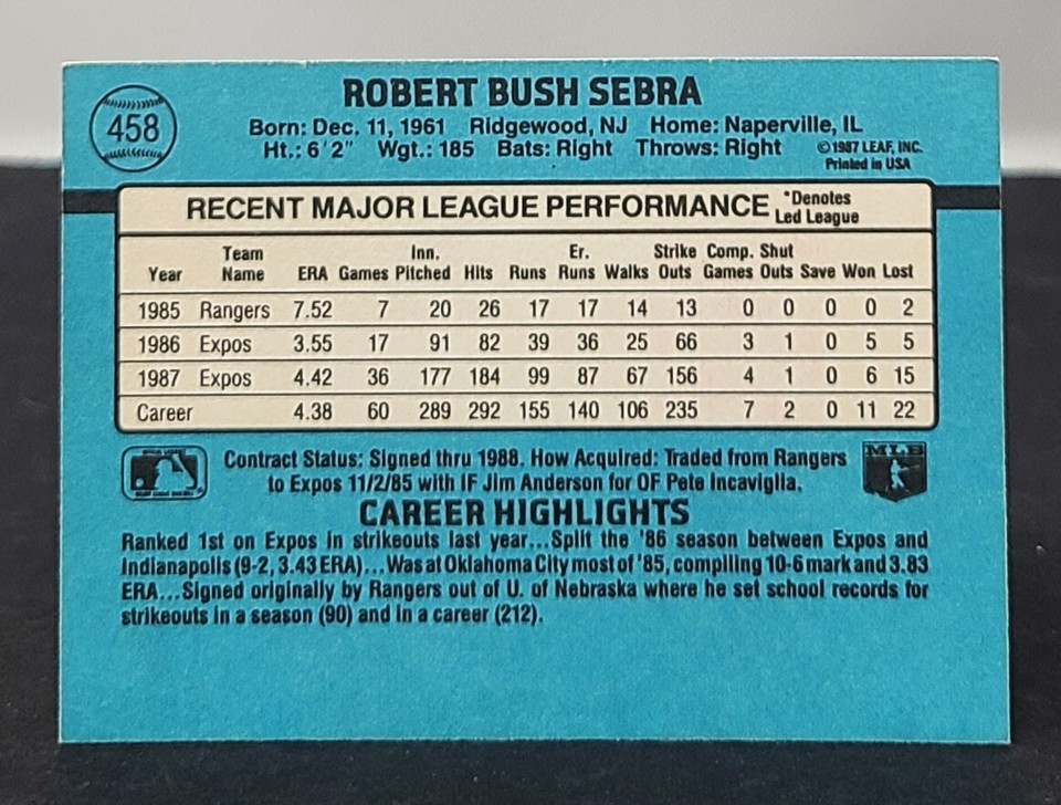 BOB SEBRA Signed Autographed 1988 Donruss Baseball Card #458 Montreal ...