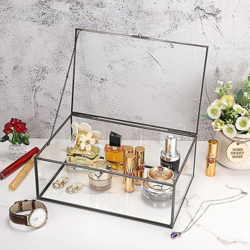Hipiwe Vintage Glass Box with Lid - Rectangle Jewelry Display Organizer ...
