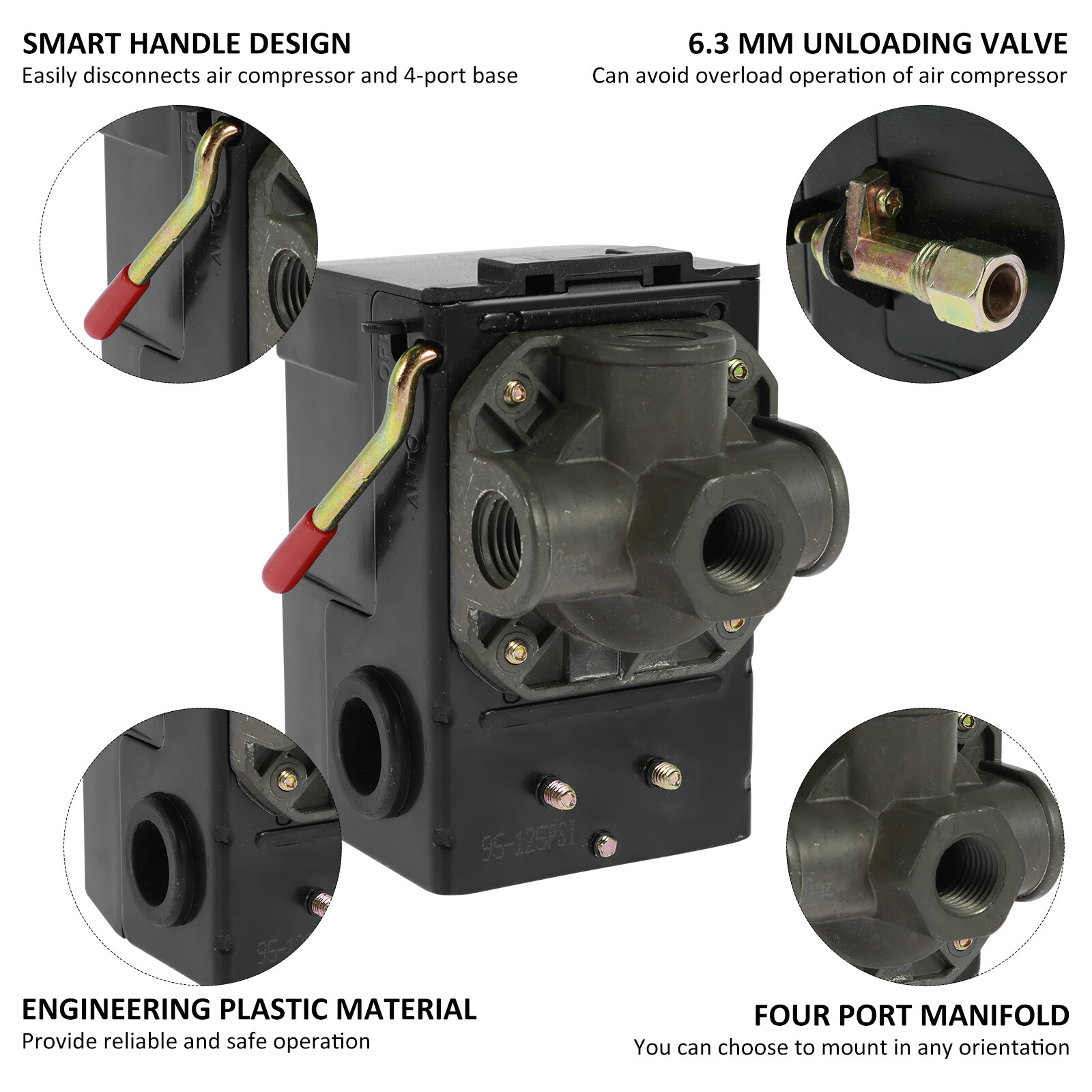 Air Compressor Pressure Switch 4 Ports 95-125 PSI Compressor Control ...