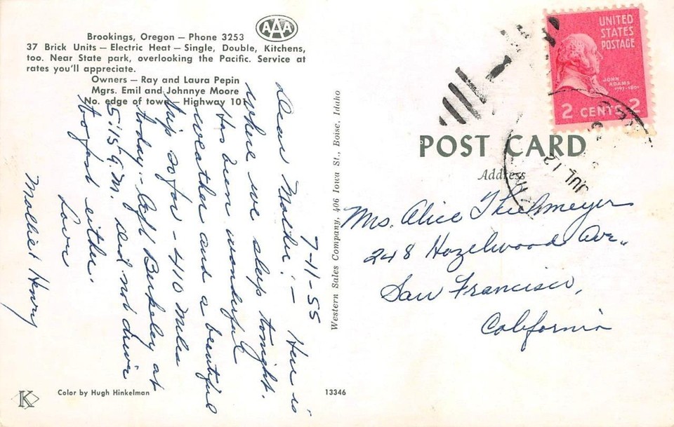 Brookings, Oregon BONN MOTEL Roadside Ray & Laura Pepin 1955 Vintage ...