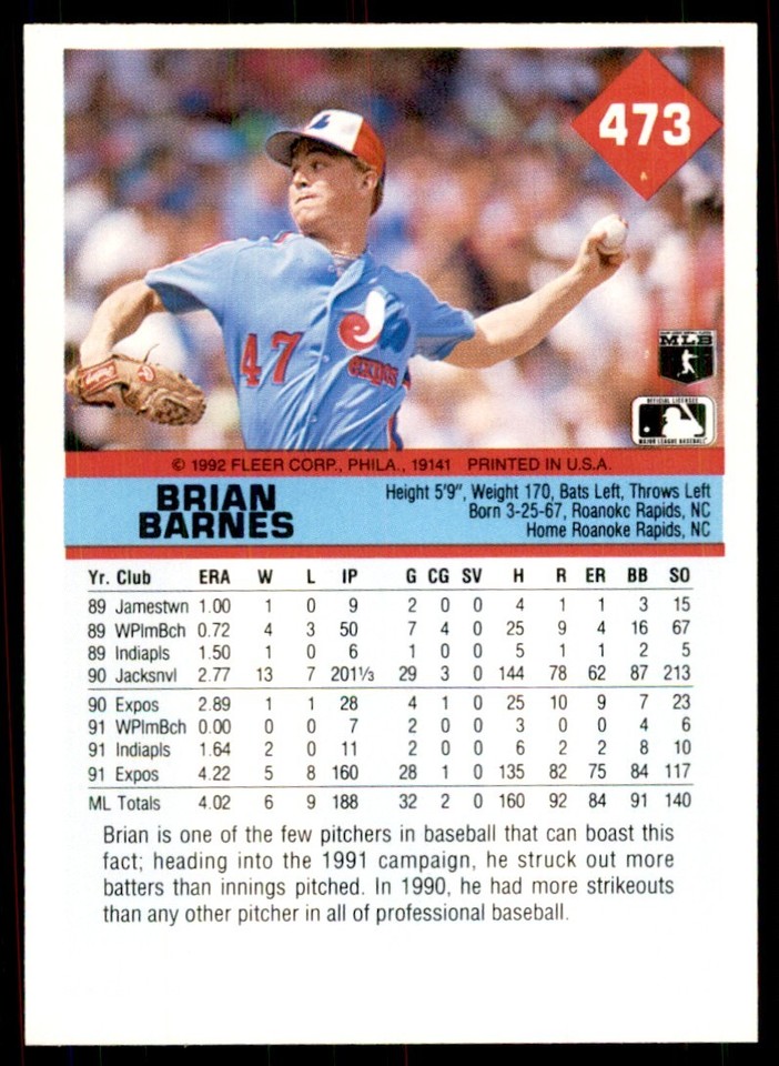 1992 Fleer Brian Barnes Baseball Cards #473 | eBay