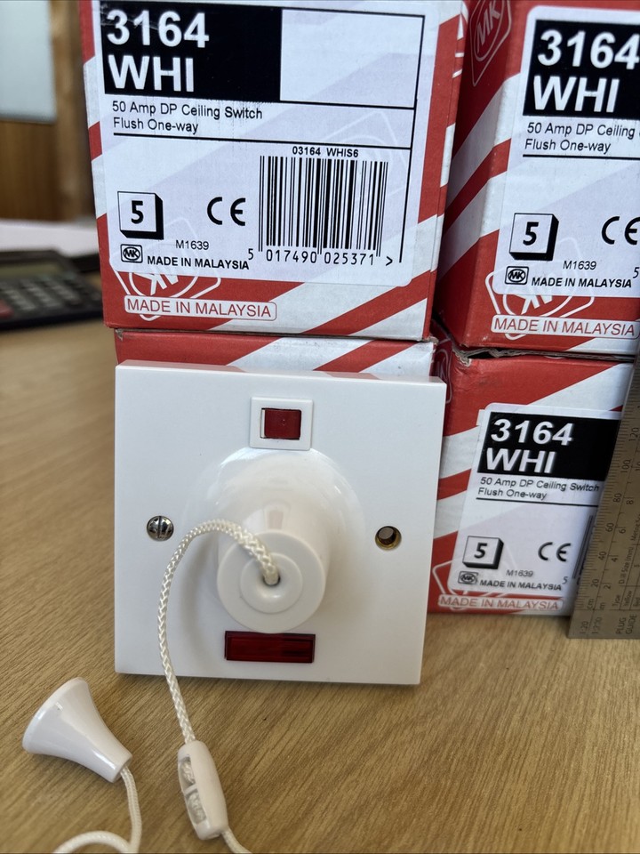 MK 50 Amp Shower Ceiling Pull Cord Switch Double Pole With Neon 45A MK ...