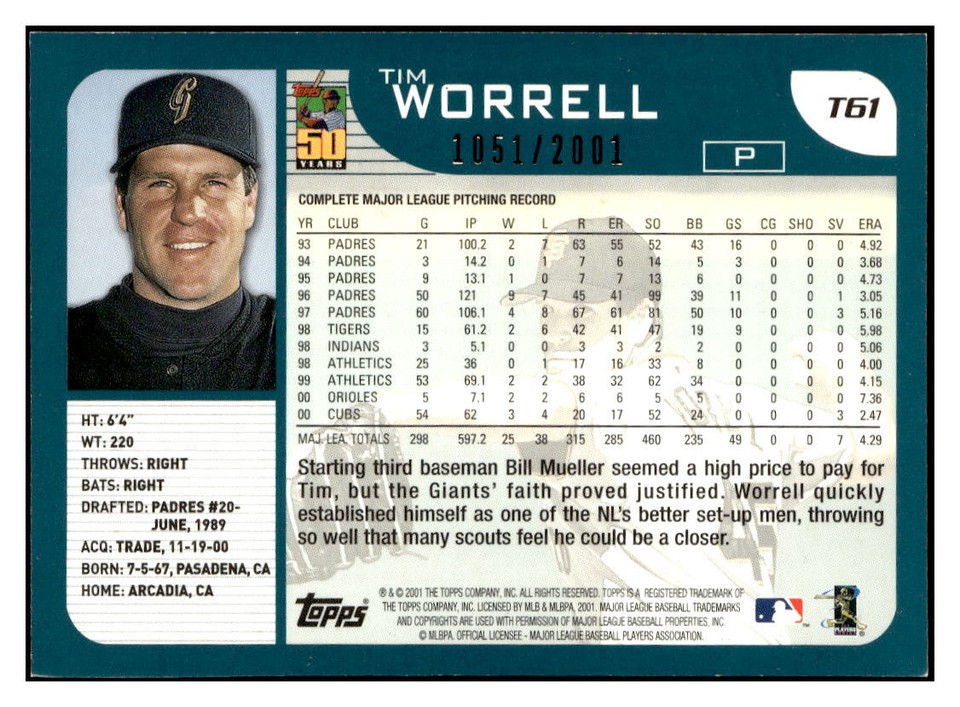 Tim Worrell 2001 Topps Traded & Rookies T61 SN 2001 /2001 Gold | eBay