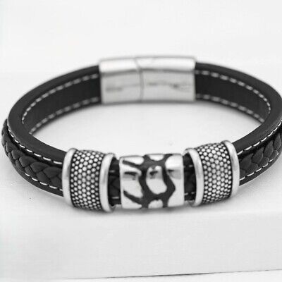 Men Stainless Steel 8"Black,Braided Leather,Magnetic,Charm Bracelet BOX ...