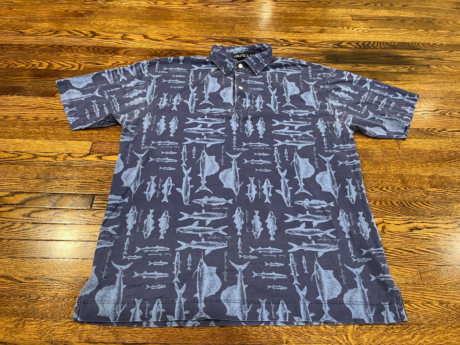 VTG Nautica Shirt Mens XL Blue Polo Fish Print Short Sleeve Ocean ...