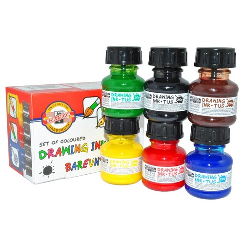 SET OF 6 KOH-I-NOOR ARTIST DRAWING INKS 20g DIP PEN OR BRUSH INC RED ...