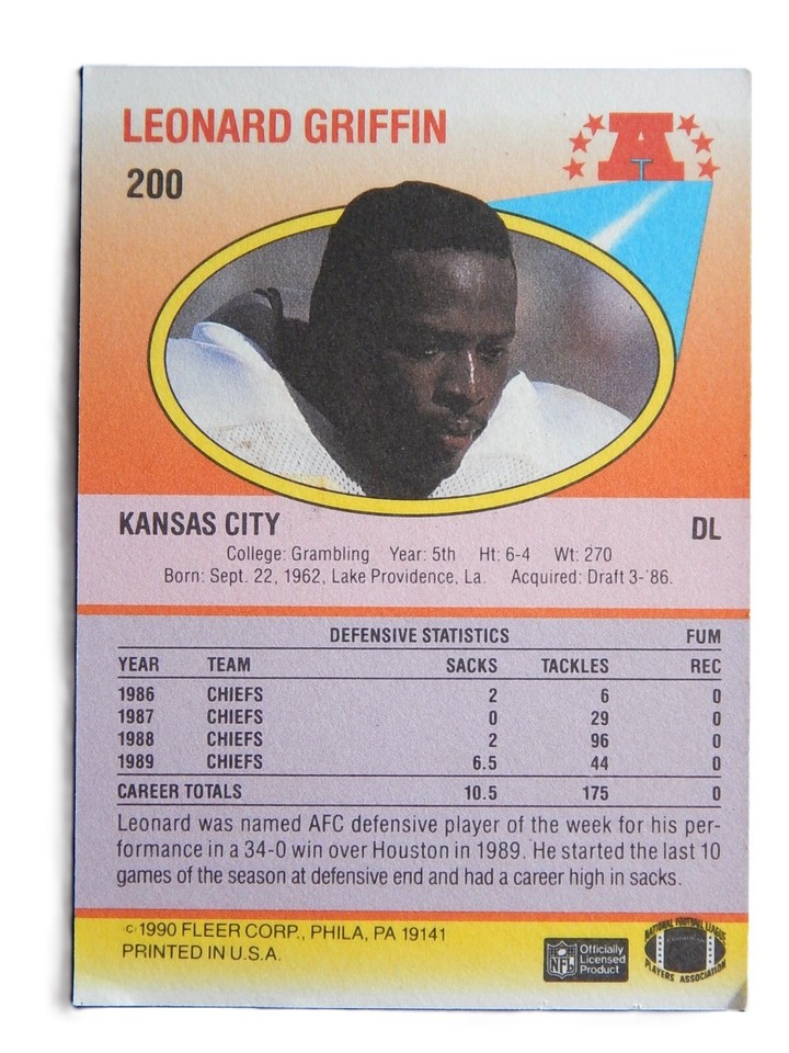 Leonard Griffin #200 Fleer 1990 Football Card (Kansas City Chiefs) | eBay