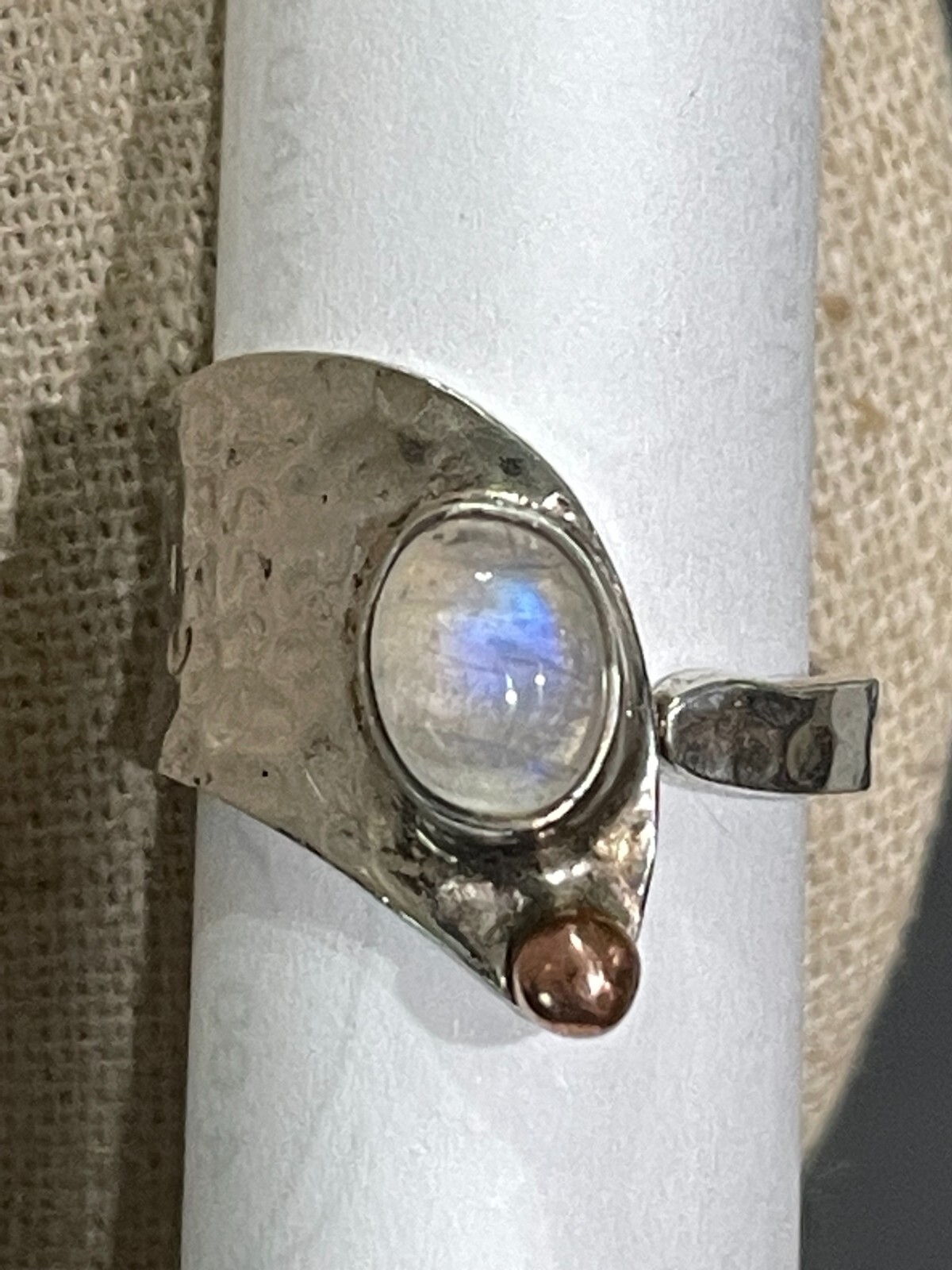 Moonstone with copper accent hammer sterling rings (I… - Gem