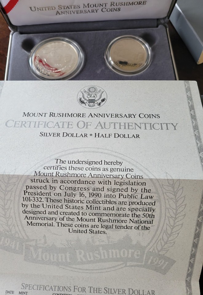 1991 U.S. Mint Mount Rushmore Anniversary (2) Coin Proof Set w/ Box ...