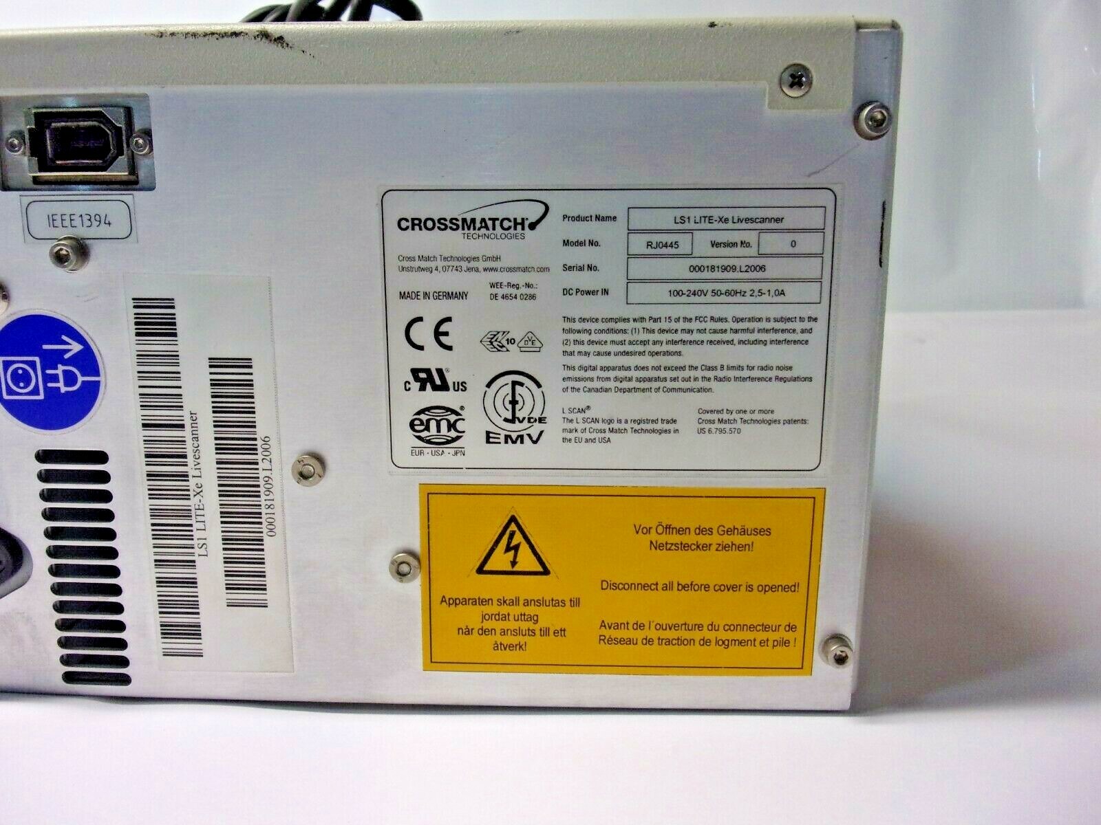 Crossmatch Technologies RJ0445 LS1 Lite XE Livescanner Fingerprint ...