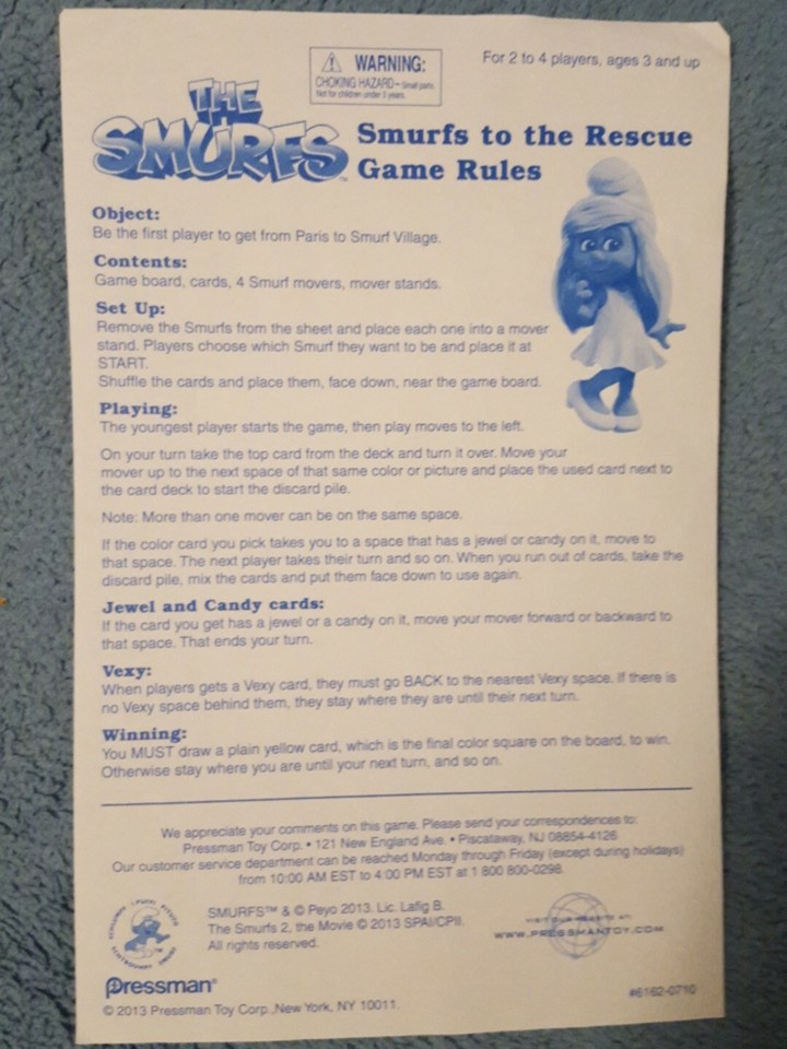 The Smurfs Board Game "Smurfs to The Rescue" 2013 Pressman Preschool 3 ...