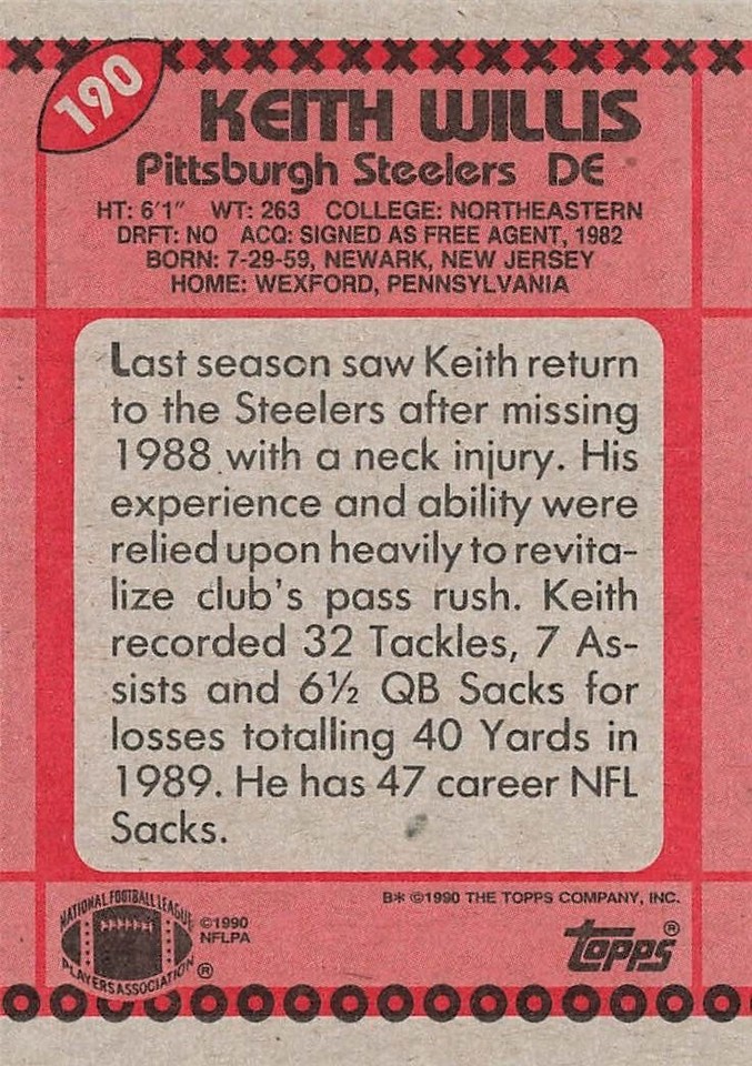 1990 Topps Keith Willis Pittsburgh Steelers #190 | eBay