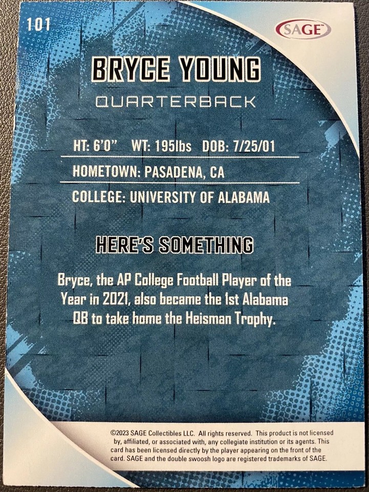 2023 Sage Bryce Young #101 University of Alabama ROOKIE Card! | eBay