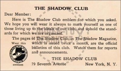 THE SHADOW CLUB EMBLEM CARD - VINTAGE REPRINT | eBay