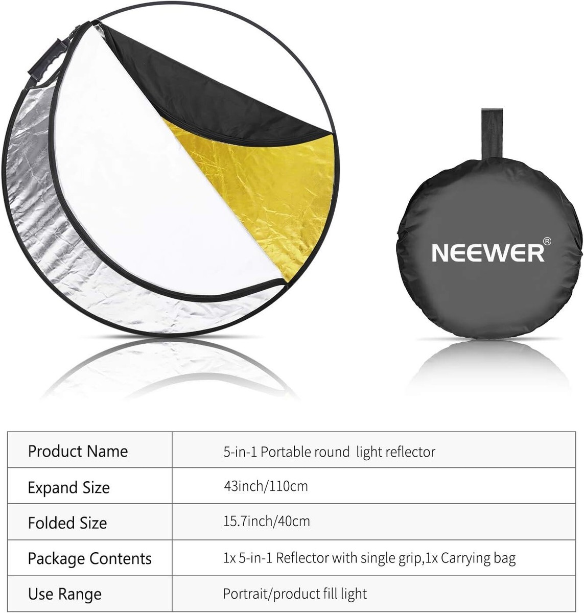 Neewer 43inch 110cm 5in1 Collapsible Multidisc Light Reflectors Kit