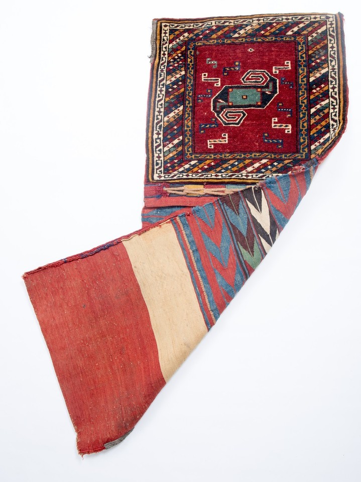 A FANTASTIC ANTIQUE ARMENIAN PINWHEEL KAZAK INSCRIBED DATED SADDLE BAG ...