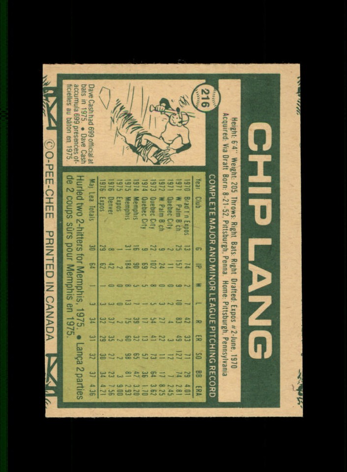 1977 CHIP LANG O-PEE-CHEE #216 EXPOS *R4236 | eBay