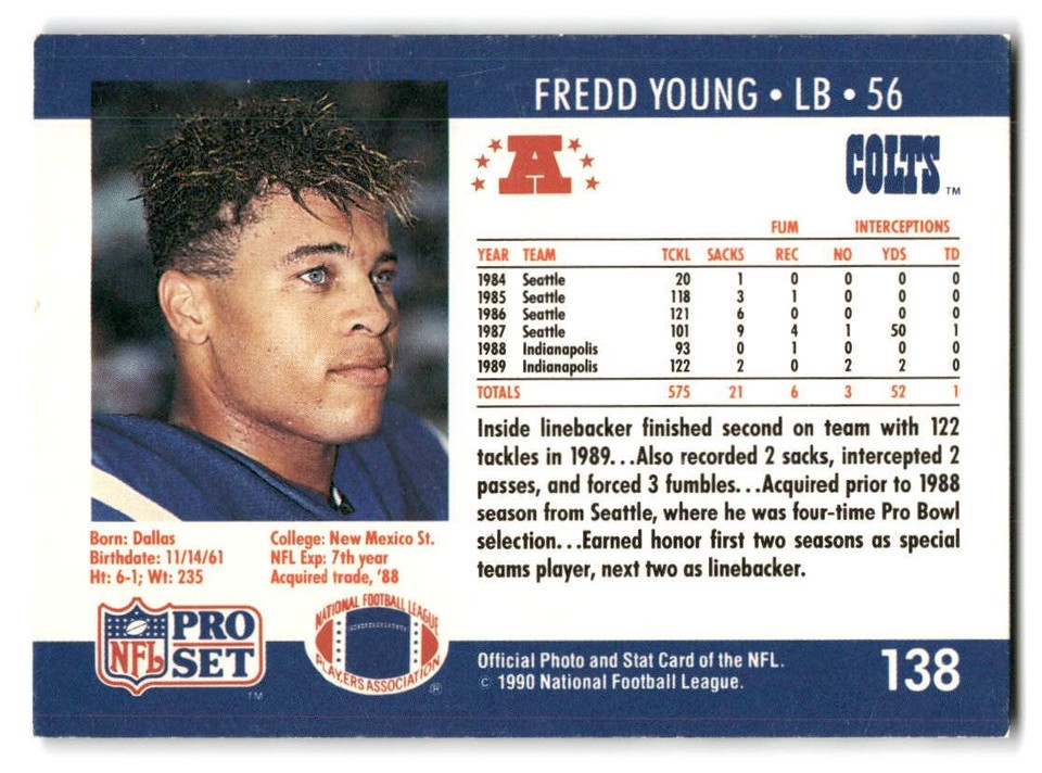Fredd Young 1990 Pro Set FOOTBALL #138 Indianapolis Colts | eBay