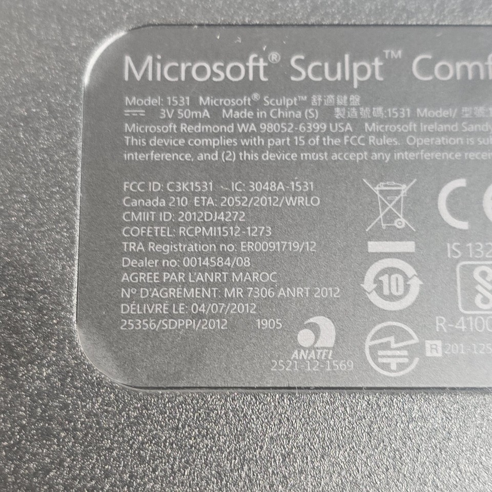 Microsoft Sculpt Comfort Keyboard Wireless Black KGR1173 Mod. 1531 ...