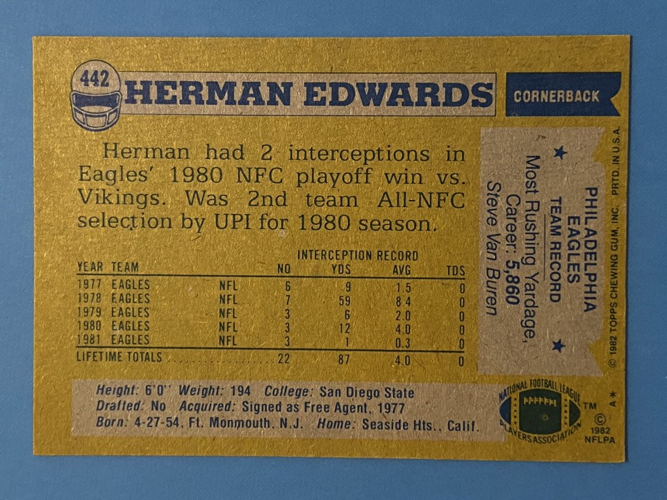 HERMAN HERM EDWARDS Signed 1982 Topps #442 Eagles SD State Aztecs ...