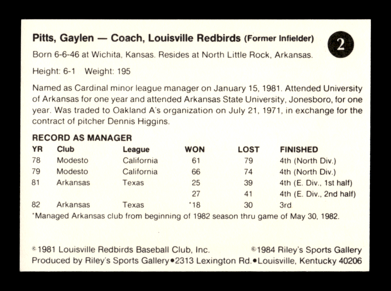 1984 Riley's # 2 Gaylen Pitts Card (ML2) Louisville Redbirds | eBay