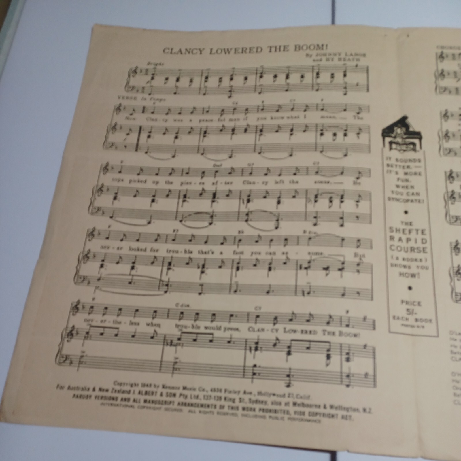 CLANCY LOWERED THE BOOM! BY JOHNNY LANGE & HY HEATH VINTAGE SHEET MUSIC ...