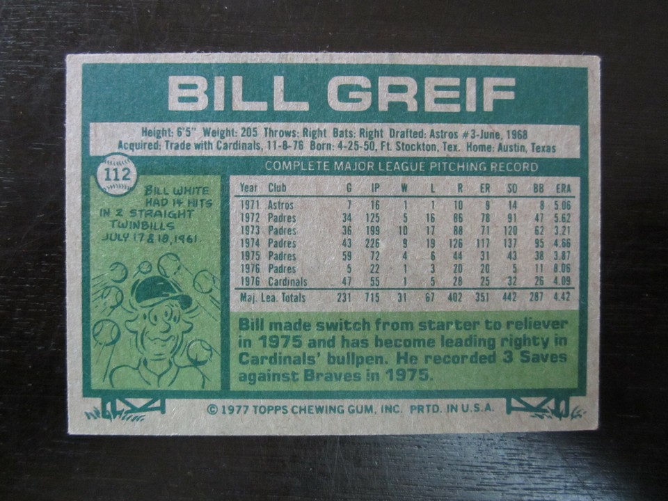 1977 Topps # 112 Bill Greif Autograph Signed Card (M) Montreal Expos | eBay