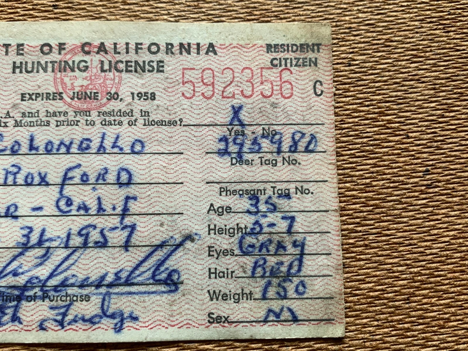 VINTAGE 1957-58 STATE OF CALIFORNIA CITIZEN PAPER HUNTING LICENSE | eBay