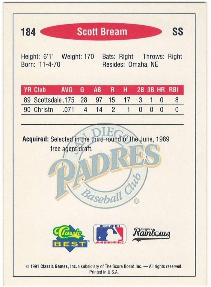 SCOTT BREAM 1991 Classic Best #184 ROOKIE ID:7934 | eBay