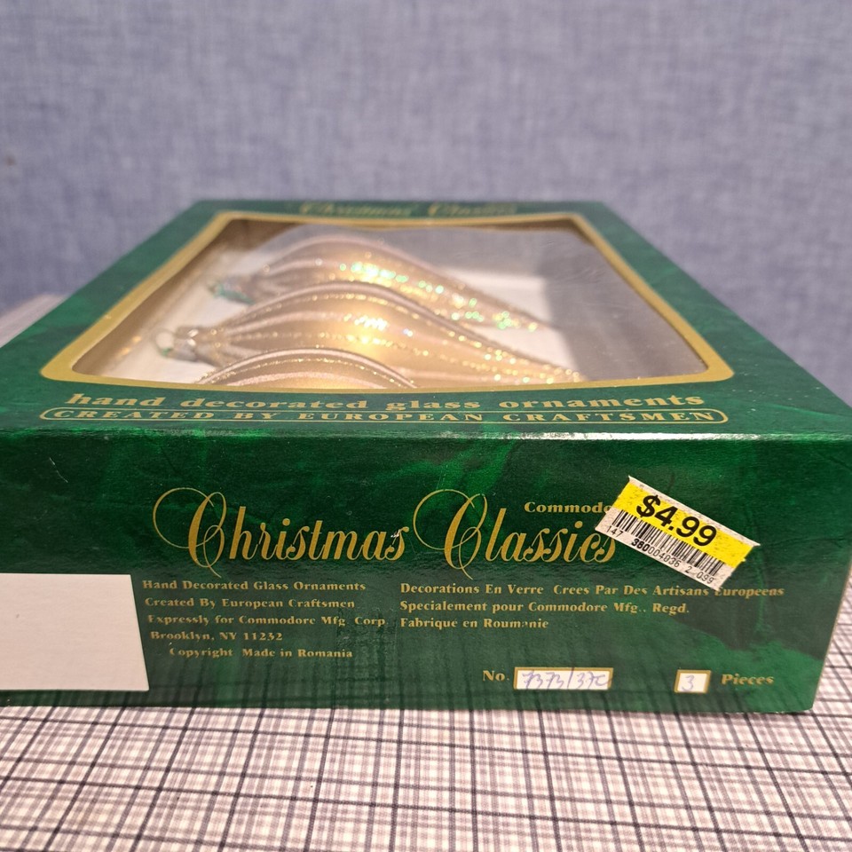 Christmas Commodore Gold Satin Glitter Tear Drop Ornaments Glass Hand ...