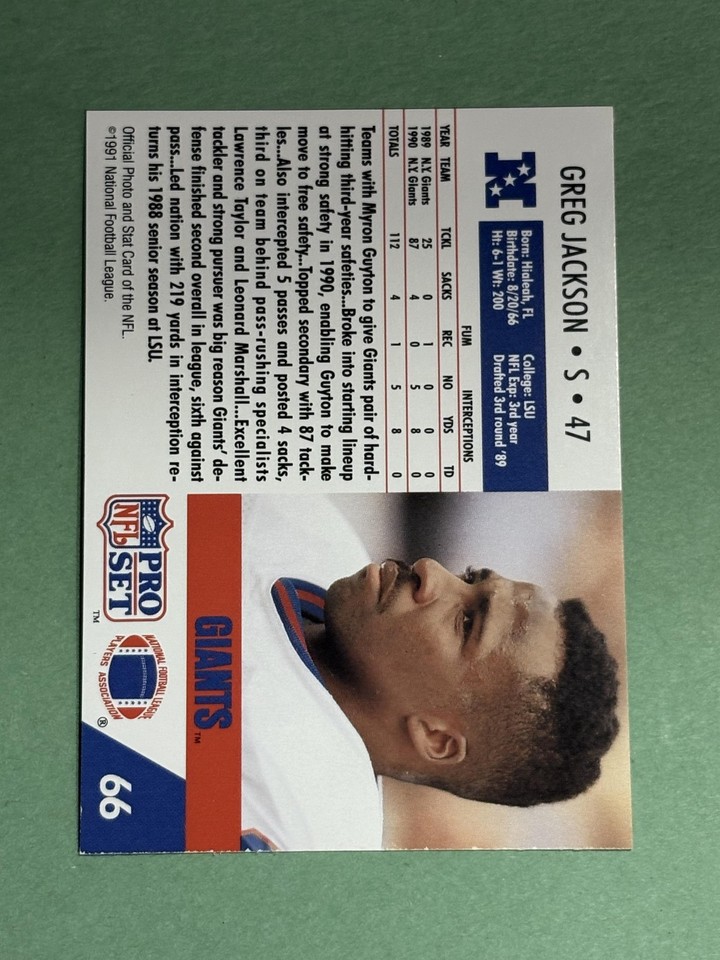 Greg Jackson Rookie 1991 Pro Set New York Giants #66 Z989 | eBay